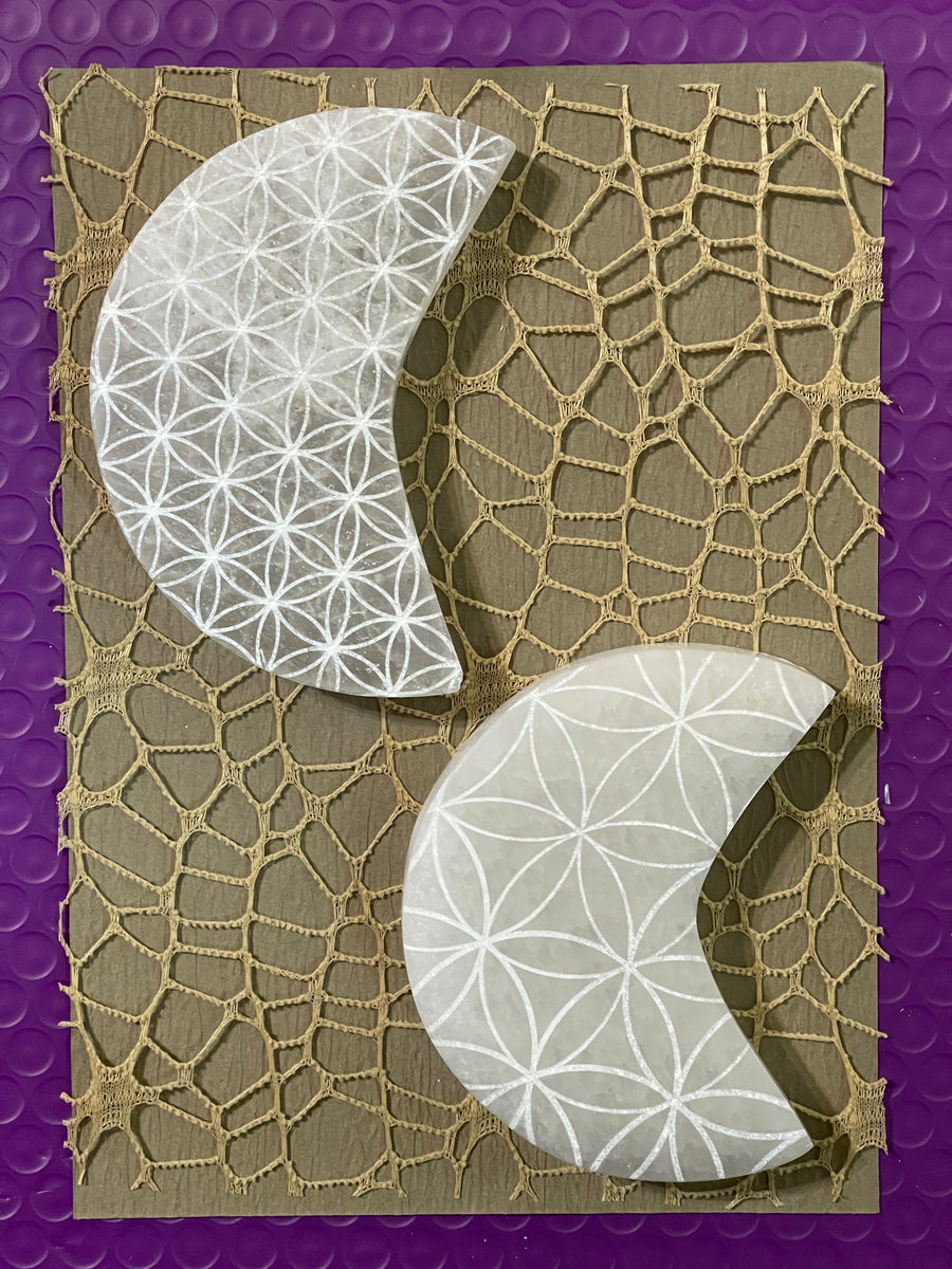 Selenite Flower of Life Crescent Moon Crystal Grid Charging Plate ...